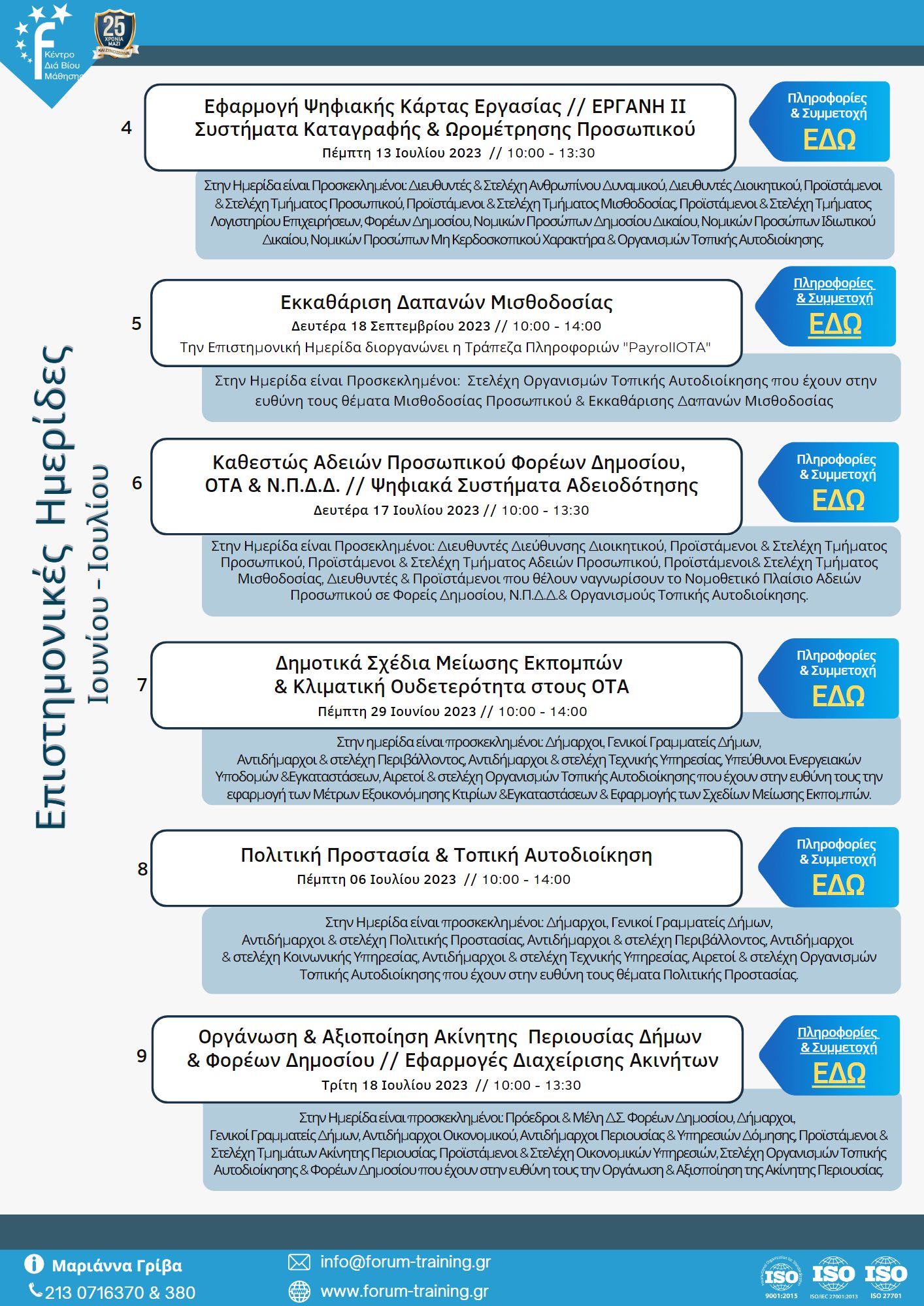 Συνοπτικό Πρόγραμμα Δωρεάν Ημερίδων – Forum – Training