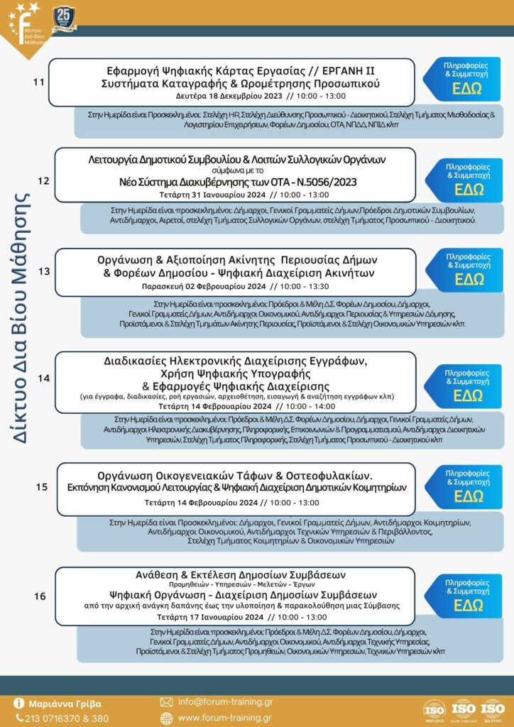 Συνοπτικό Πρόγραμμα Δωρεάν Ημερίδων – Forum – Training